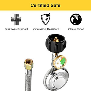 5 FT Propane Hose with Regulator - Gas Grill Regulator and Hose with Gauge - Propane Hose for Gas Grill, Gas Stove, FIRE Pit, Gas Griddle, Propane Stove - LP Hose