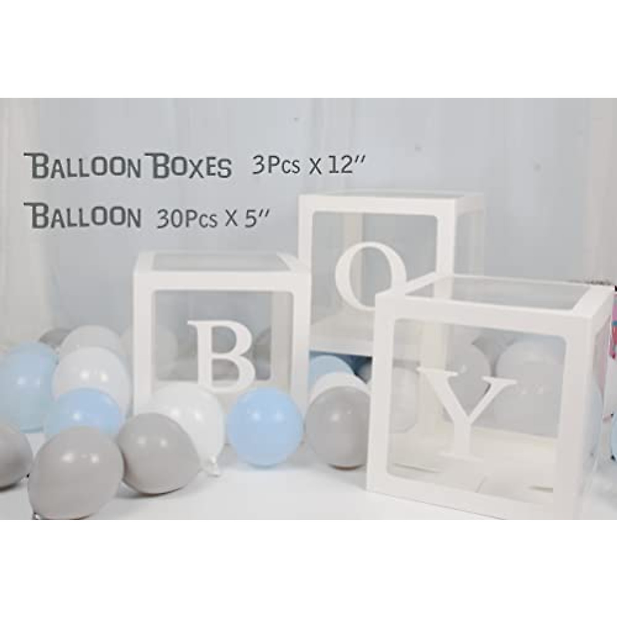 luckylibra Baby Shower Decorations For Boy, B-O-Y Transparent Balloon Boxes & Latex Balloons & It is a Boy Banners & Elephant Garland & Paper Lantern & Paper Flower Pom Poms （Grey Blue White ）