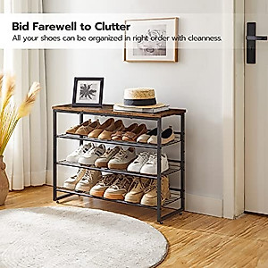 HOOBRO Shoe Rack, 4 Tier Shoe Organizer, Adjustable Shoe Shelves, Flat or Slanted, Holds 9-12 Pairs, Stable and Durable for Entryway, Closet, Rustic Brown and Black BF09XJ01