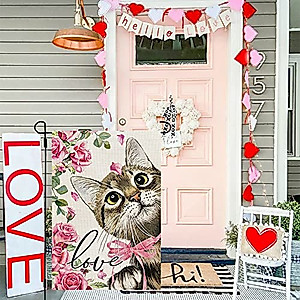 CROWNED BEAUTY Valentines Day Cat Garden Flag 12x18 Inch Double Sided for Outside, Pink Roses Love Yard CF687-12