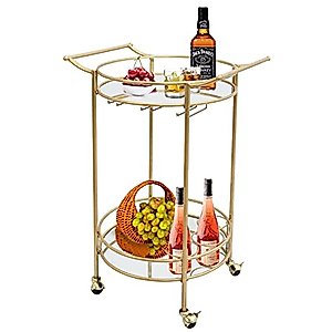 Round Gold Rolling Bar Cart with 2 Mirror Shelves, Wine Rack and Lockable Casters, Suitable for Home Kitchen, Club, Living Room, Thanksgiving, Christmas, New Year, 22"X18"X33"
