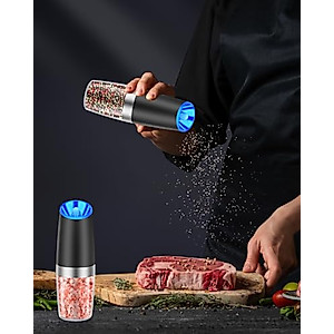 Gravity Electric Pepper and Salt Grinder Set, Adjustable Coarseness, With LED Light, One Hand Automatic Operation, Stainless Steel Black, (2 Pack Black)