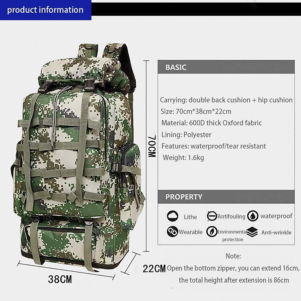 100L Tactical Rucksack Backpack,Large capacity design, the bottom can be expanded 16cm,Hiking Backpack for Men Military Camping Rucksack Travel Daypack,A