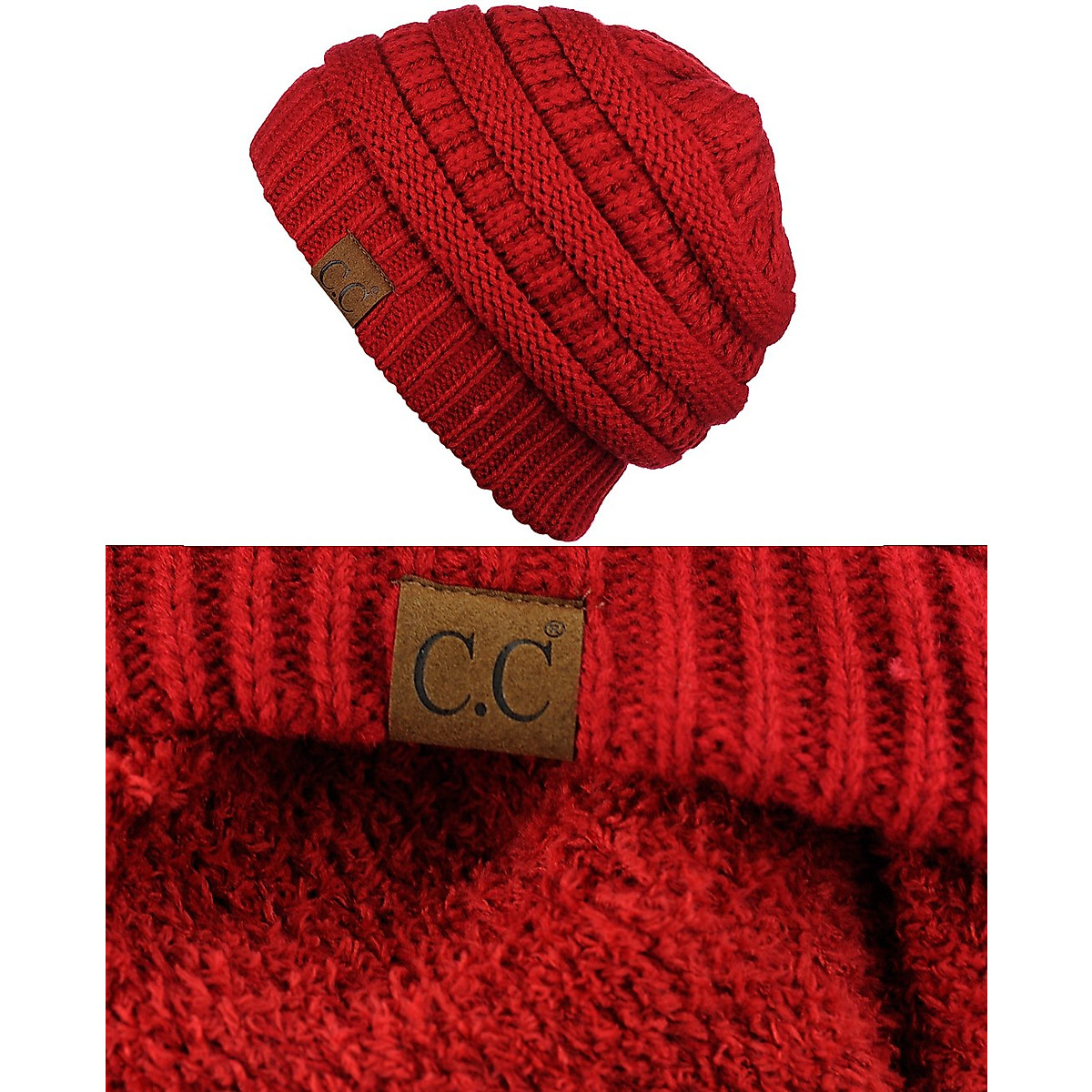 C.C Unisex Chunky Soft Stretch Cable Knit Warm Fuzzy Lined Skully Beanie, Red