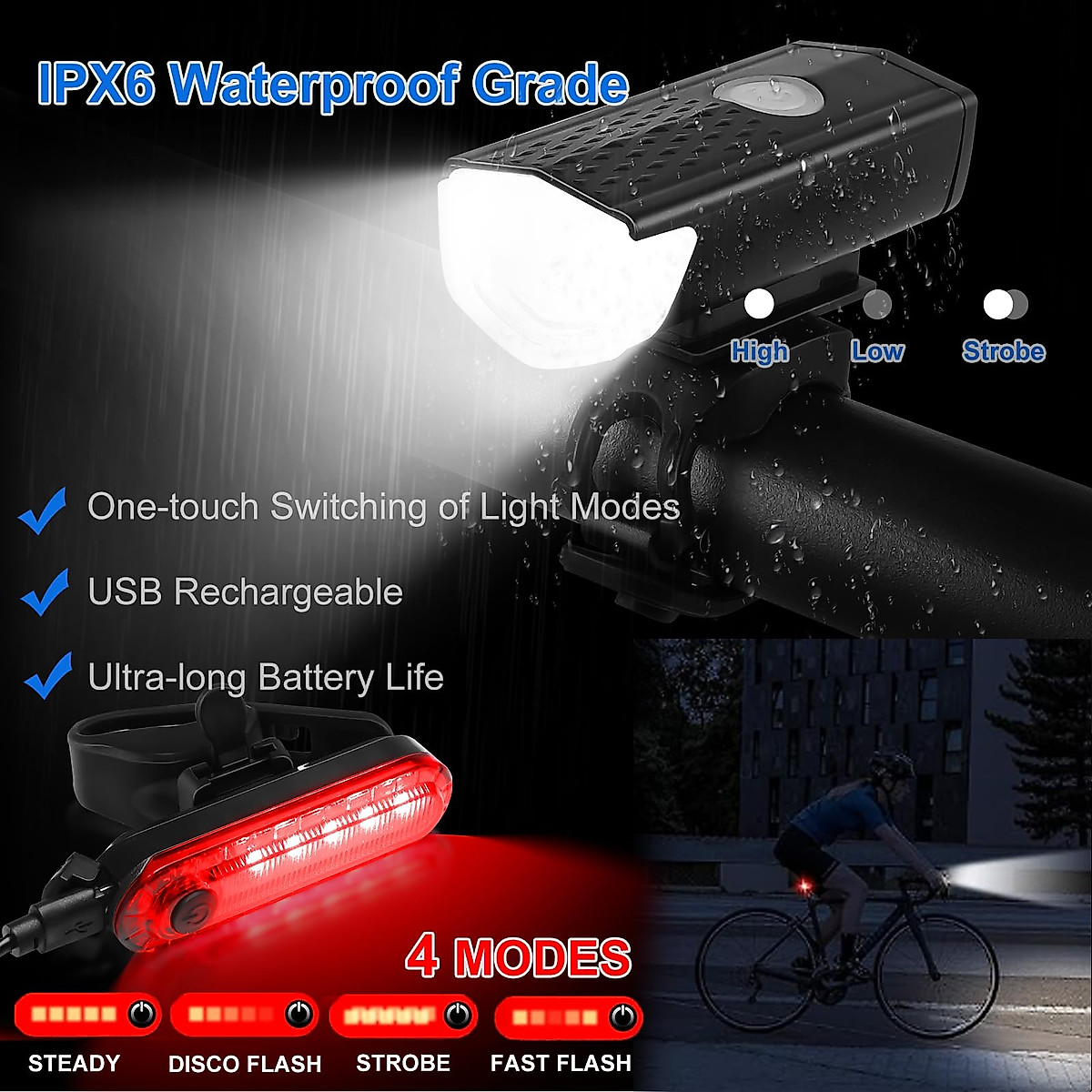 SODPE 8 Pack Bicycle Accessories, Bike Light Set USB Rechargeable, 1 Bike Water Bottle Holder, Bike Bag and 1 Bike Aluminum Bicycle Bell,Pump