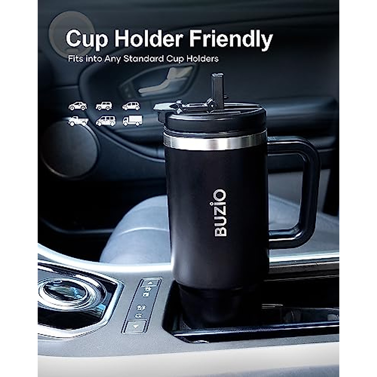 BUZIO 40oz Tumbler with Handle and Straw Lid, Stainless Steel Water Bottle Fits in Cup Holder, Insulated Tumbler Reusable Coffee Mug Travel Flask,Leak-Proof, Keep Cold for 24 Hrs/Hot for 12 Hrs, Black