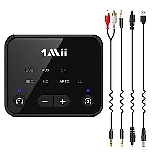 1Mii Bluetooth 5.2 Transmitter for TV to 2 Wireless Headphones, Long Range 100ft Bluetooth Adapter for TV aptX Low Latency& HD/Volume Control, Optical/USB/AUX/RCA Audio Inputs