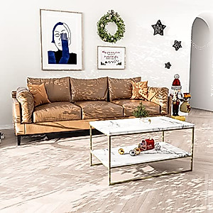 roomfitters 35” Faux Marble Coffee Table, Marble Top Rectangular Coffee Table, Center Table with Gold Metal Frame, 2 Tier Living Room Table, Cocktail Table with Storage for Living Room