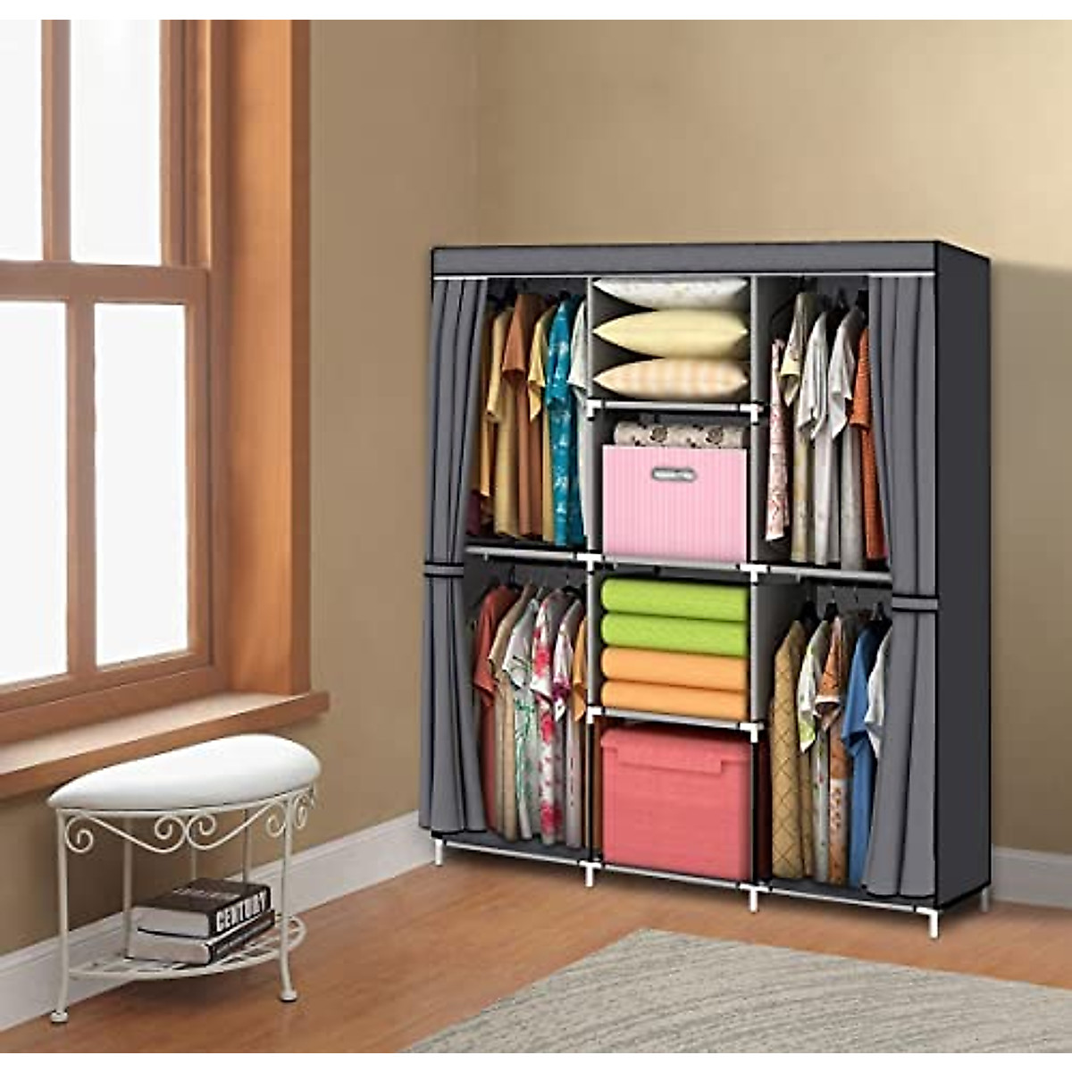 YOUUD Wardrobe Storage Closet Clothes Portable Wardrobe Storage Closet Portable Closet Organizer Portable Closets Wardrobe Closet Organizer Shelf Wardrobe Clothes Organizer Standing Closet Gray…