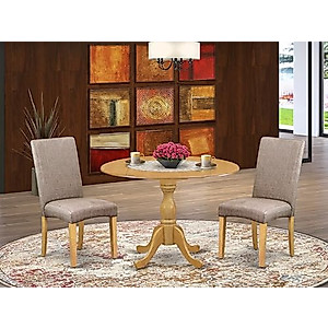 East West Furniture DMDR3-OAK-16 3 Piece Dining Room Table Set Contains a Round Kitchen Table with Dropleaf and 2 Dark Khaki Linen Fabric Parson Dining Chairs, 42x42 Inch, Oak