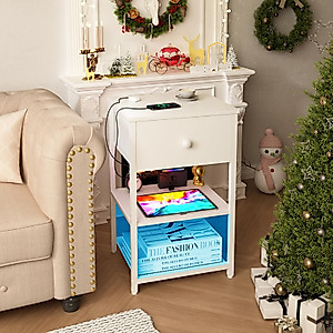 LTTDOUK LED Nightstands Set of 2 with Charging Station, Bedside Tables with USB Ports and Outlets, End Table with Fabric-Wood 2-in-1 Drawer, White Side Table for Bedroom, Living Room