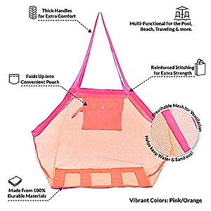 Beach Toy Bag - Large Mesh Tote for Kids Sandy Toys, Reusable & Foldable with Pouch for Pool, Towels, Bath Storage, Seashells, Travel & Vacation, Durable Waterproof and Washable - 17.5x17.5x10