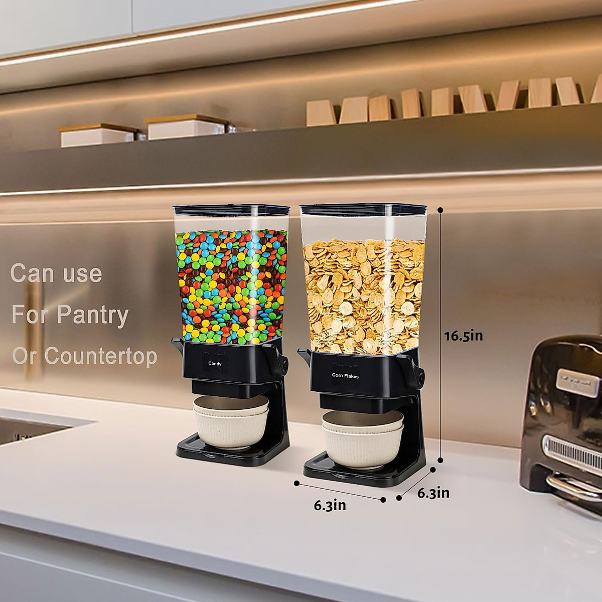 Qozzix Cereal Dispenser Countertop with Cereal Bowls,16 Labels & Pen, Cereal Containers Storage, Candy Dispenser, Dry Food Dispenser For Pantry - Not Easy to Crush Food (Black, 2 Pack)