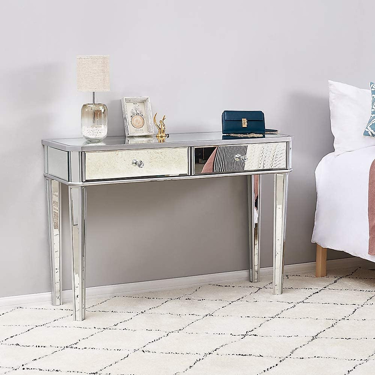 Binrrio Mirrored Console Table, Silver Glass Mirrored Makeup Vanity Table Desk for Women, Writing Desk Media Console Table for Home Living Room Bedroom Office Smooth Finish (Sliver-2 Drawers)