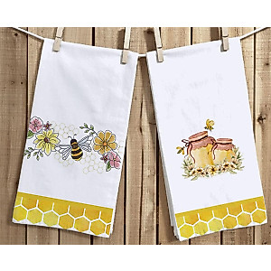 Watercolor Bee Flowers Kitchen Dish Towel 18 x 28 Inch, Honey Jar Summer Towels Dish Cloth for Cooking Baking Set of 2