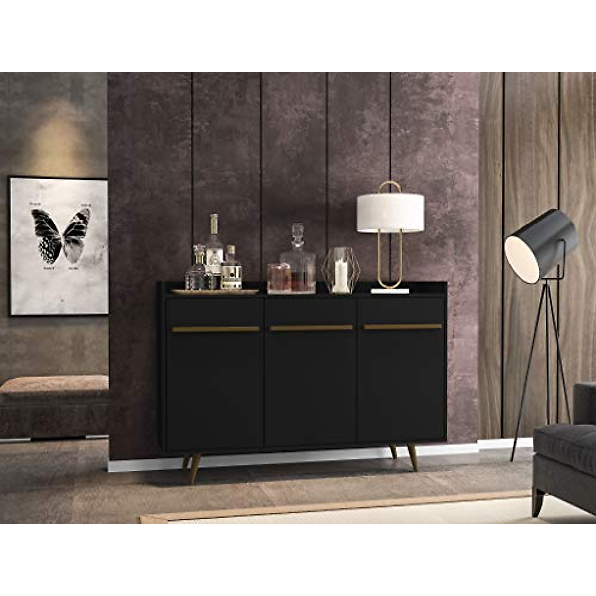 Manhattan Comfort Bradley Mid Century Modern Dining Room 4 Shelves Buffet Stand Cabinet, 53.54", Black