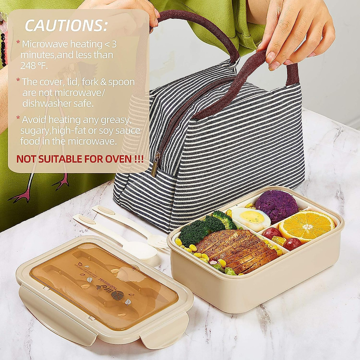 Porzu Bento Lunch Box, 1400 ML Lunch Box Meal Prep For Adults，3 Compartments Portable Food Container with Utensil (Beige)