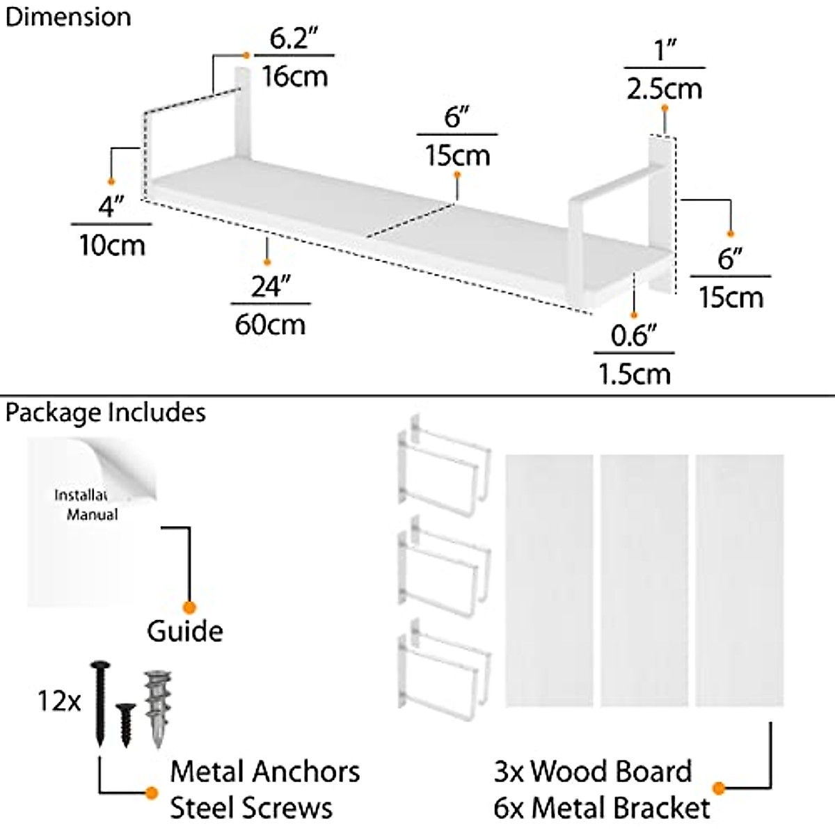 Wallniture Toledo 24"x6" White Floating Shelves for Storage, Wall Bookshelves Living Room Decor, Kitchen Organization, Bathroom Storage, Office Wall Shelf Set of 3