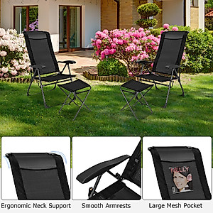 Tangkula Folding Patio Chairs, Set of 2 Outdoor Dining Chairs & Ottomans, Lawn Chairs with 7-Level Adjustable Backrest, Armrests, Mesh Pocket, Portable Lounge Chairs & Footrests for Backyard, Camping