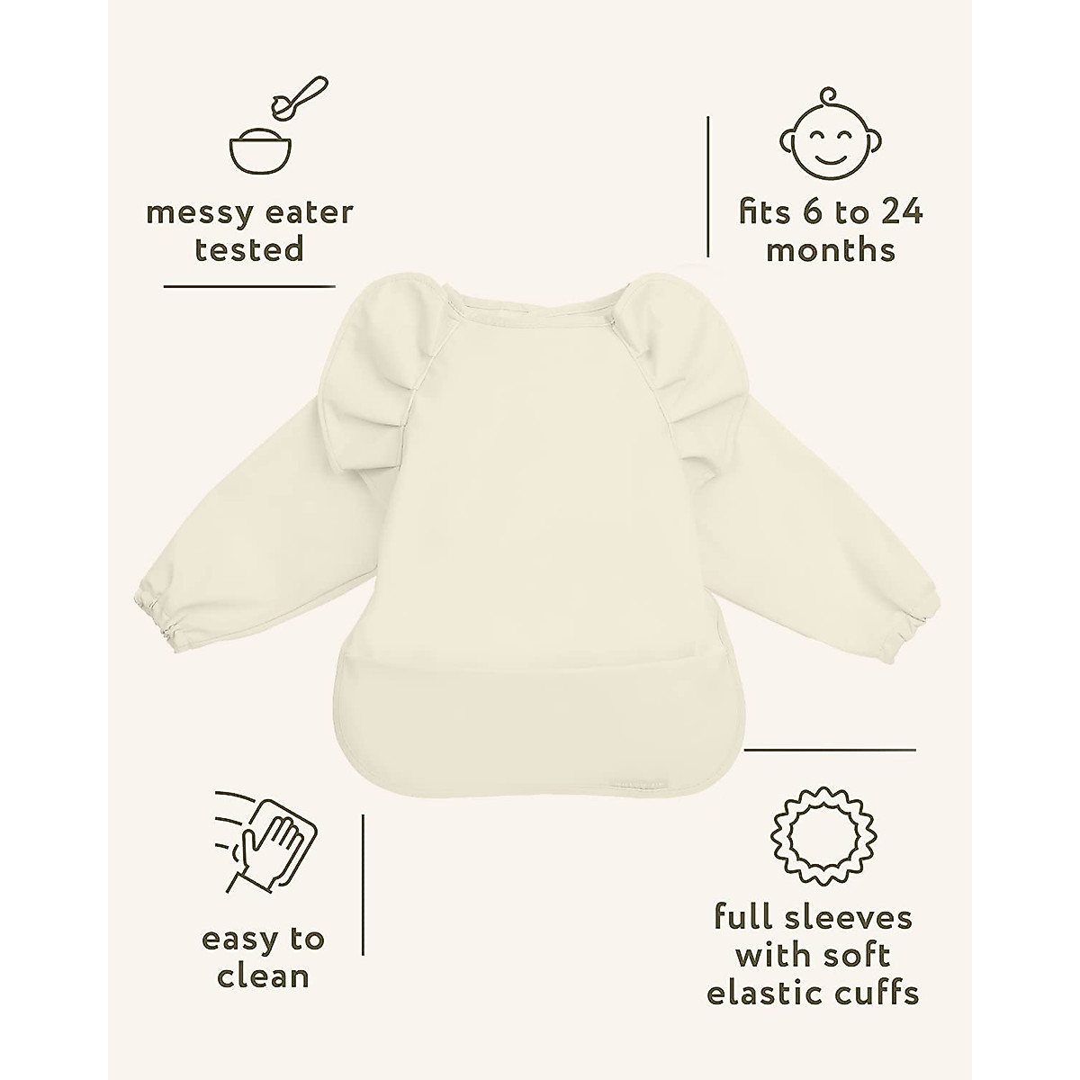 WILLOW + SIM Long Sleeve Baby Bib - Mess-Proof Feeding Bib for Babies 6-24 Months - Antique White