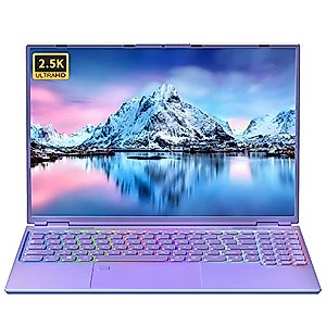 【Win 11 Pro/Office 2019】16" Laptop Ultra-narrow bezels 2.5K FHD(2560x1600) IPS Screen, Celeron N5095,12G RAM, 256GB SSD, Color Backlit KB, Fingerprint Reader, WIFI, Type-C, HDMI(12G+256GB SSD, Purple)
