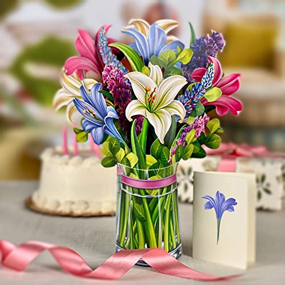 Freshcut Paper Pop Up Cards, Lillies & Lupines, 12 inch Life Sized Forever Flower Bouquet 3D Popup Greeting Cards with Note Card and Envelope