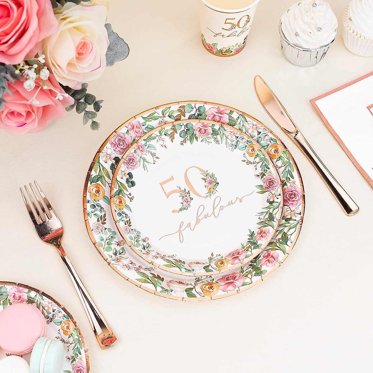 Crisky 50th Birthday Napkins and Plates for Women Rose Gold Floral Party Decoration, 50 and Fabulous Plates and Napkins for Women 50th Birthday.