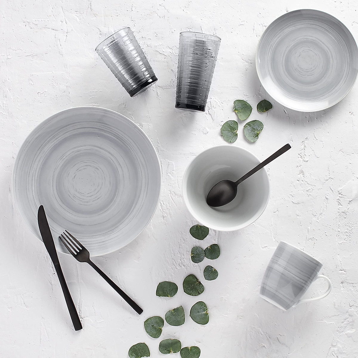 Safdie & Co. Grey Stone 16 Piece Dinnerware Set, Service for 4, Fiesta Dinnerware, plates and bowls sets, home trends and home food network essentials, Porcelain dinner plates