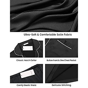 Ekouaer Women's Silk Satin Pajama Set Button Down Sleepwear with Shorts Set 2 Piece Lounge Set (Black,M)