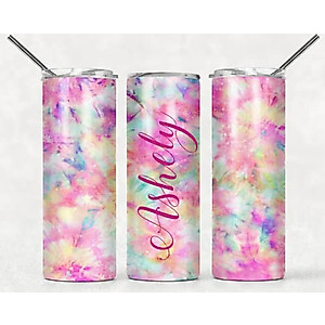 Personalized Tumbler | Stainless Steel 20oz Tumblers | Custom Tumbler For Women | Travel Cup | Double Wall Coffee Cup for Hot and Cold Drinks | Tie Dye Yellow Purple Pink Tumbler