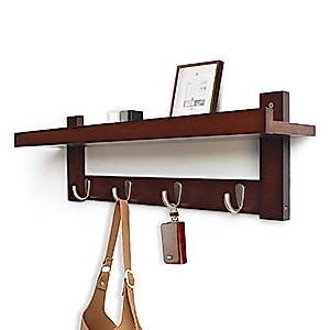 SONGWAY Wall Mounted Floating Shelf - Wall Coat Rack with Hooks and Shelf, Rustic Floating Shelf, Wood Wall Shelf with Hooks, Key Holder for Wall, Brown