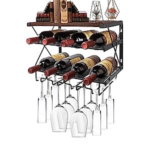 OOir onOO Wall Mounted Wine Rack - Wood Rustic Wine Bottle Glass Floating Shelves Holds with Stemware Rack, 8 x Glasses and 11 xWine Bottles for Kitchen,Dining Room,Bar,15 Inch（Black）