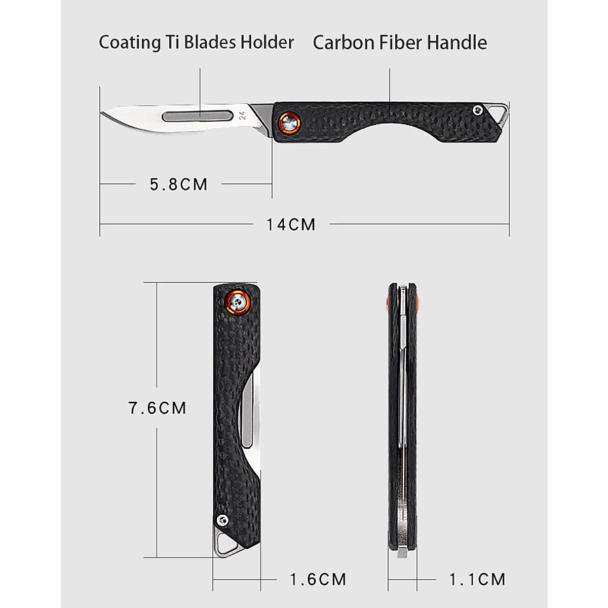 ainhue A32-CF Compact Slip Joint Scalpel Folding Pocket Knife, 10pcs #24 Replaceable Blade, 3.2 inches Contoured Carbon Fiber Handle with Lanyard, Utility EDC Keychain Box Opening Knives