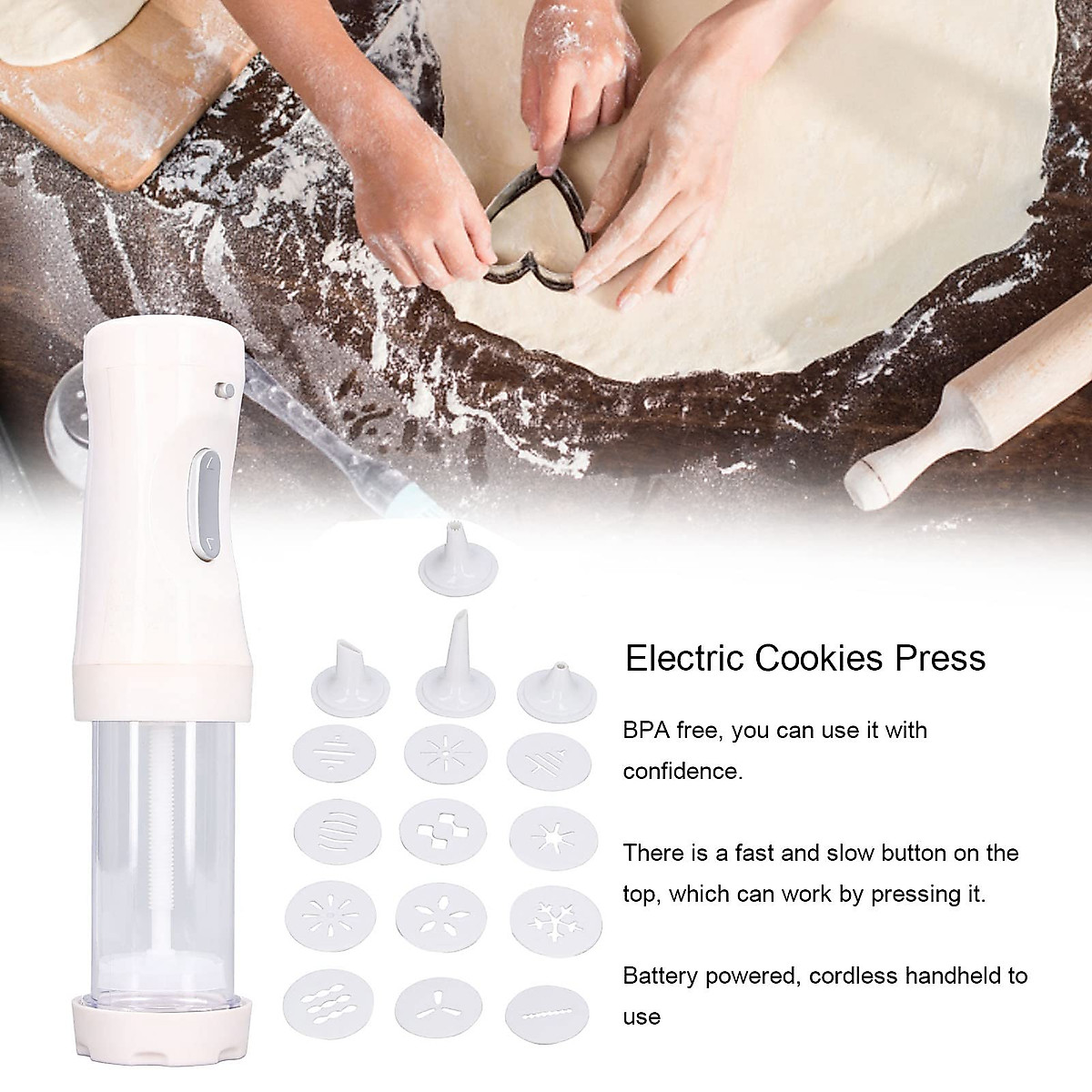 Serlium Electric Cookies Press,Cookie Making kit Homemade Baking Tool with 9 Discs and 1 Icing Tip for Cake Dessert DIY Maker and Decoration Baking Supplies