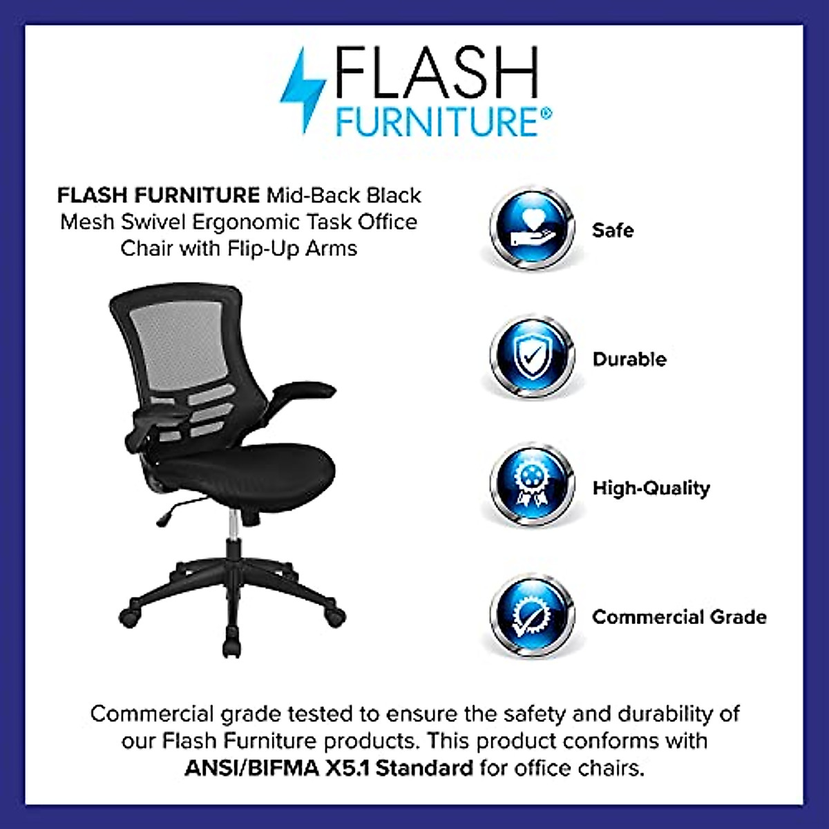 Flash Furniture Kelista Mid-Back Swivel Ergonomic Task Office Chair with Flip-Up Arms, BIFMA Certified-Set of 5, Black Mesh