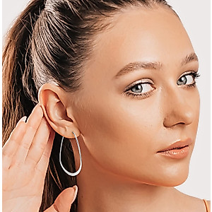 Hoops & Loops 925 Sterling Silver Oval Flat Thin Large 44mm (1.73 in) High Polished Lightweight Click-Top Hoop Earrings for Women and Teen Girls