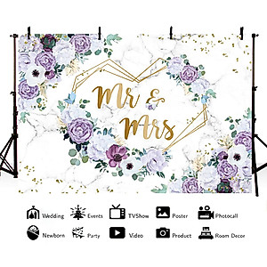 AIBIIN 7x5ft Mr and Mrs Violet Wedding Backdrop for Bridal Shower Purple and White Flowers Photography Background Hearts Geometric Couple Wedding Party Decorations Bride to Be Engagement Banner Props