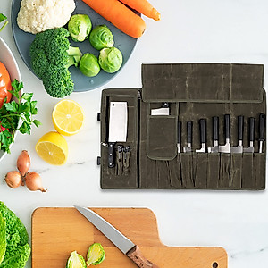 HERSENT Waxed Canvas Chef’s Knife Roll Bag,Army Green Knife Wrap,Portable Knife Roll, Waterproof Pocket Knife Carrier,Durable 16oz Knife Case With Adjustable Shoulder Strap