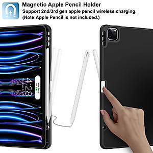 Supveco New iPad Pro 12.9 Inch Case 2022/2021 (6th/5th Gen) with Pencil Holder [Support iPad 2nd Gen Pencil Charging/Pair],Trifold Stand Smart Case with Soft TPU Back,Auto Wake/Sleep-(Black)