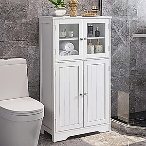 IWELL Bathroom Wall Cabinet & Bathroom Floor Cabinet bundle, Medicine Cabinet with 1 Adjustable Shelf & Double Doors, Storage Cabinet with Glass Doors & Adjustable Shelf, Wall Mounted Bathroom Cabinet