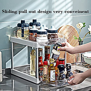 Nyxozonny 2-Tier Pull-Out Sliding Under Sink plastic Stackable Organizer for Bathroom & Cabinet & Kitchen Storage,Plastic Drawer & ABS Pole, Anti-Rust,White