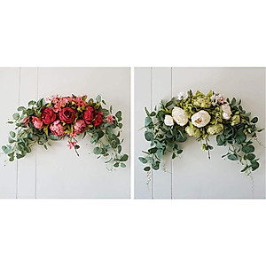 WUHNGD Artificial Flower Swag Wedding Arch Flowers 30 Inch Rose Peony Swag Arch Wreath Centerpiece for Lintel, Green Leaves Door Wreath Garden Home Wall Decoration, Pink Peonies