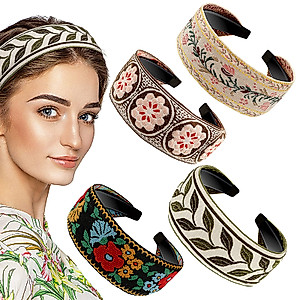 EBOOT 4 Pieces Boho Headband Embroidery Wide Hair Band Bohemia Floral Knotted Wide Headbands Vintage Ethnic Style Hair Band for Women Girls Hair Accessories(Classic Pattern)
