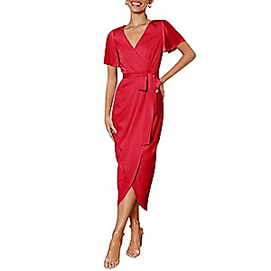 ZESICA Women's Elegant Bodycon Party Dress Satin Wrap V Neck Ruched Belted Formal Midi Dresses,Red,Medium
