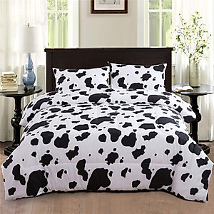 PERFEMET Cow Print Bedding Comforter Set Queen Size Black and White Reversible Geometric Checkered Bedding Set for Kids Teens Boys Girls Rustic Animal Cowhide Pattern Bed Quilt Set