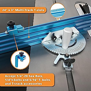 POWERTEC 71391 Table Saw Precision Miter Gauge System w/ 27 Angle Stops and 3/4”x 3/8”T-Slotted Miter Bar w/Removable T-Slot Plate; Includes 24”x 3” Multi T–Track Fence w/Scale, T-track Flip Stop