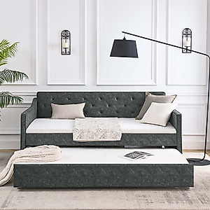 Antetek Daybed with Trundle, Fabric Upholstered Twin Size Day Bed Pull-Point Sofa Daybed Frame w/Twin Roll-Out Trundle, No Box Spring Needed, Furniture for Bedroom, Living Room, Guest Room, Grey