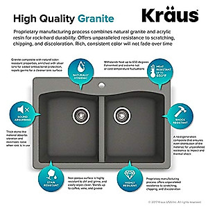 Kraus Forteza 33" Drop-In/Undermount Granite 50/50 Double Bowl Kitchen Sink - Grey (KGD-52GREY) , Gray