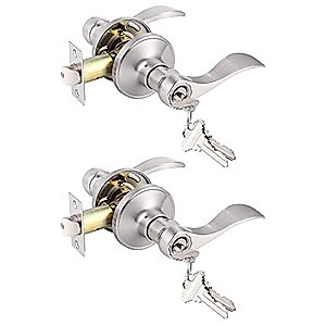 Gobrico Brushed Nickel 2 Keyed-Alike Entry Door Locksets with Lock and Same Key Wave/Drop-Style Interior/Interior Door Handles with Universal Levers