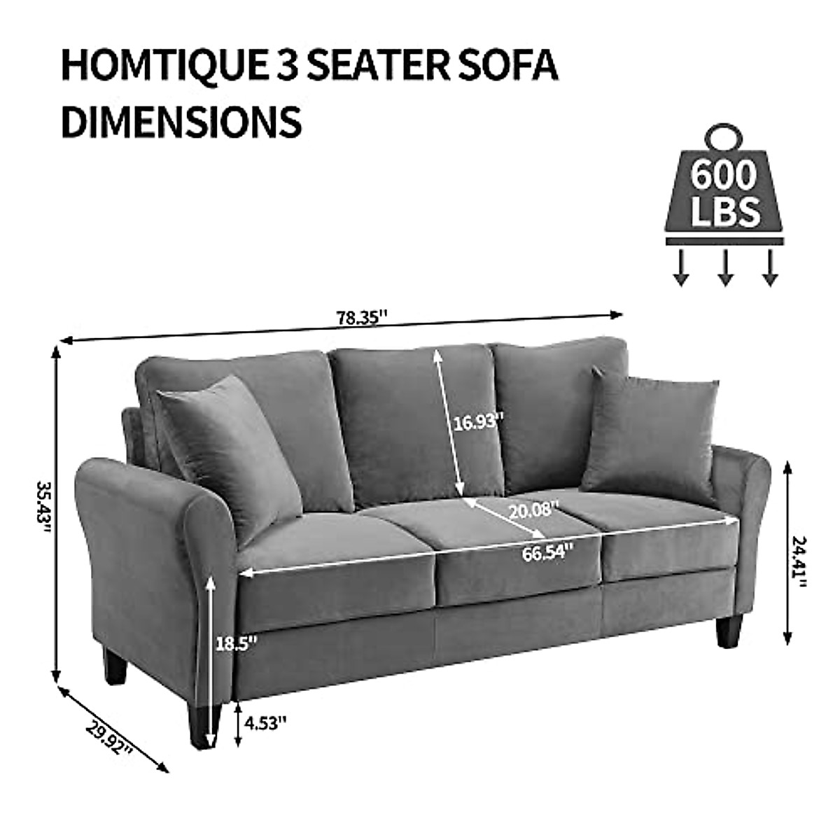 Homtique 3 Seater Couch for Living Room,78 Inches Width Modern Velvet Sofa Comfy Upholstered Couches with 2 Pillows for Office Apartment Bedroom Small Space (Grey)